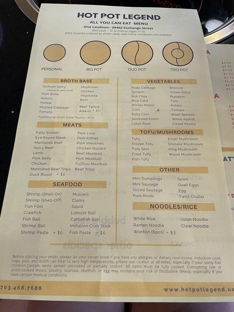 Menu at Hot Pot Legend restaurant, Ashburn