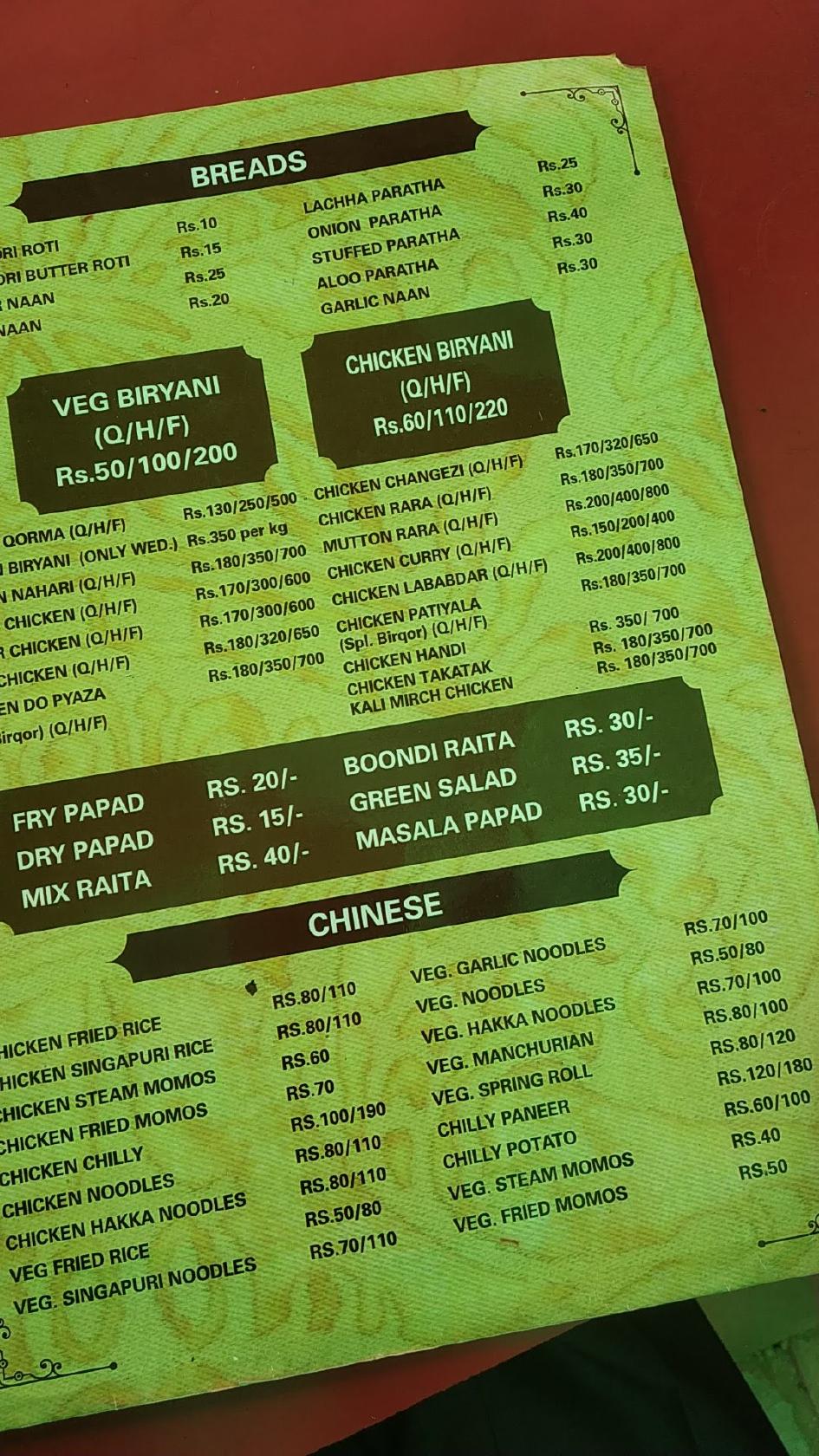 Menu at BIR-QOR, Noida, G8MW+JJV