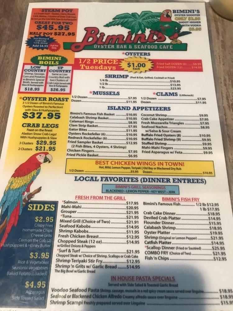 Menu at Bimini's Oyster Bar & Seafood Cafe, Greenville