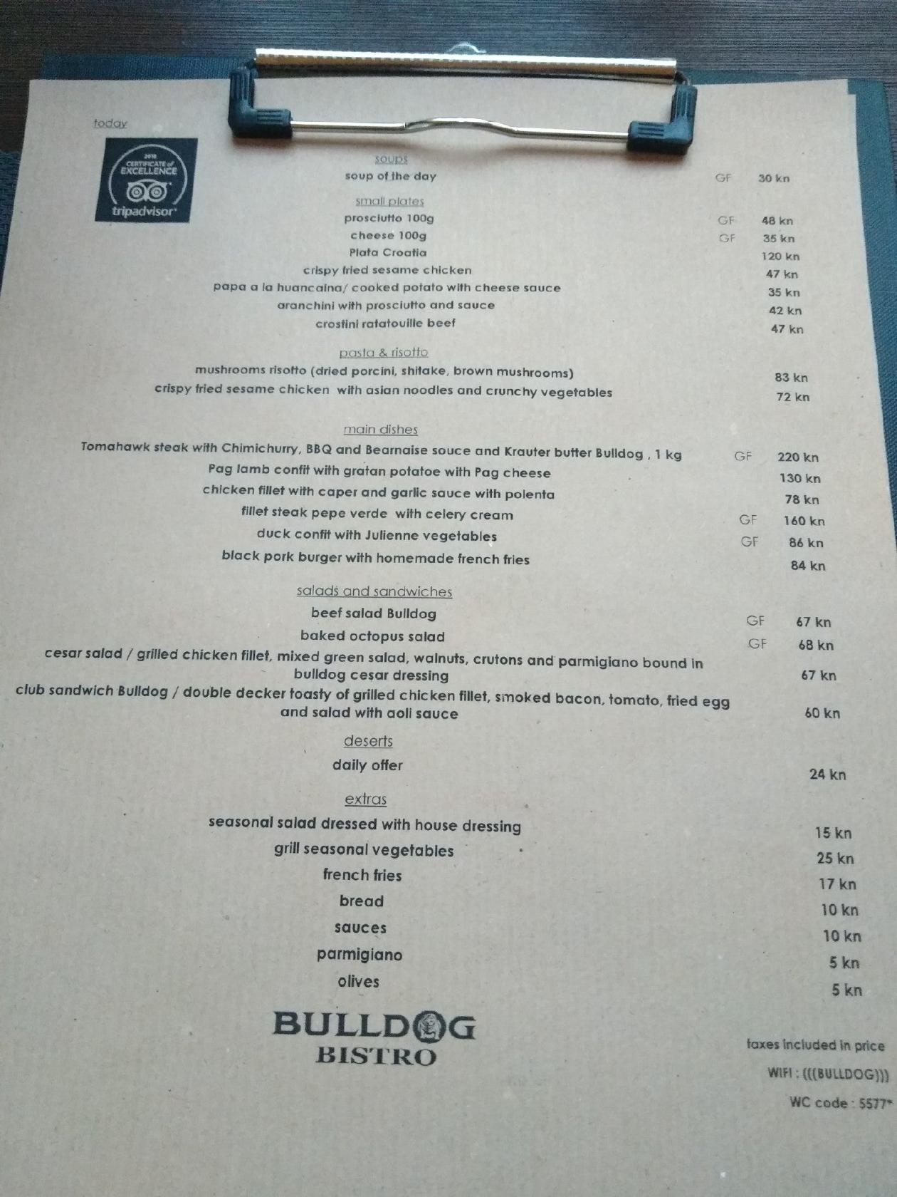 Menu at Bulldog Zagreb pub & bar, Zagreb
