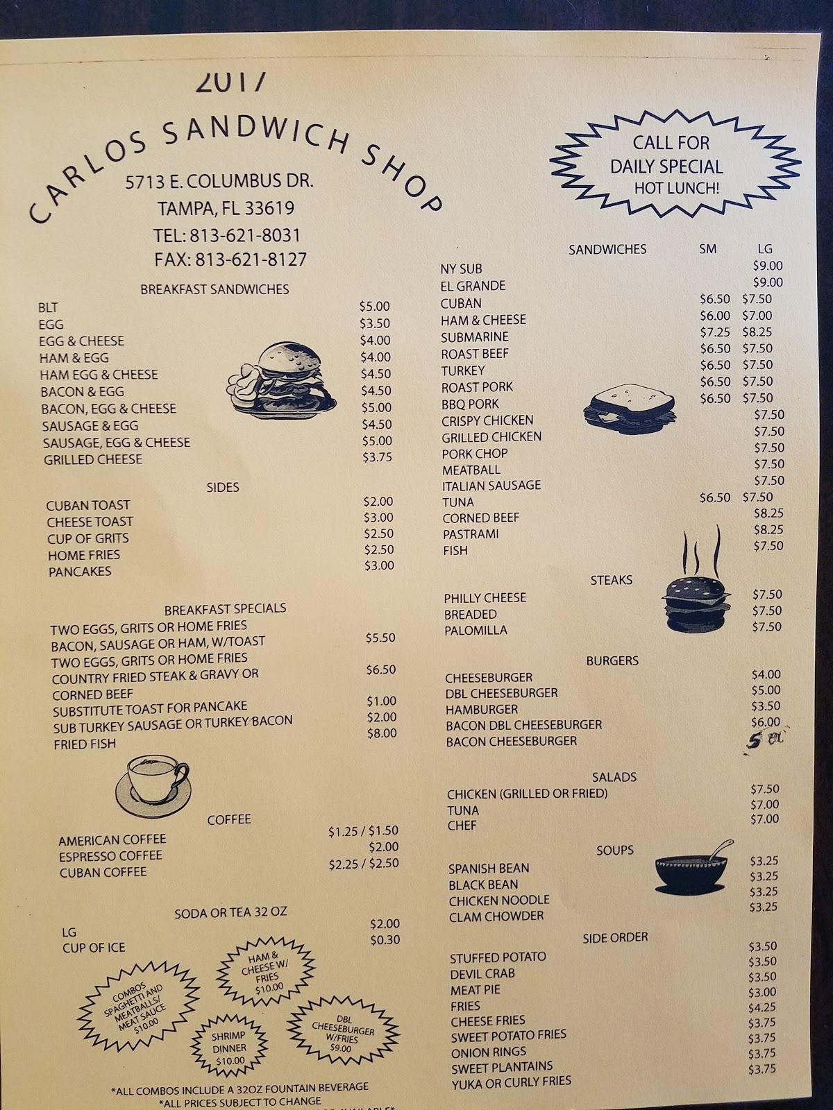 Menu at Carlos Sandwich Shop restaurant, Tampa