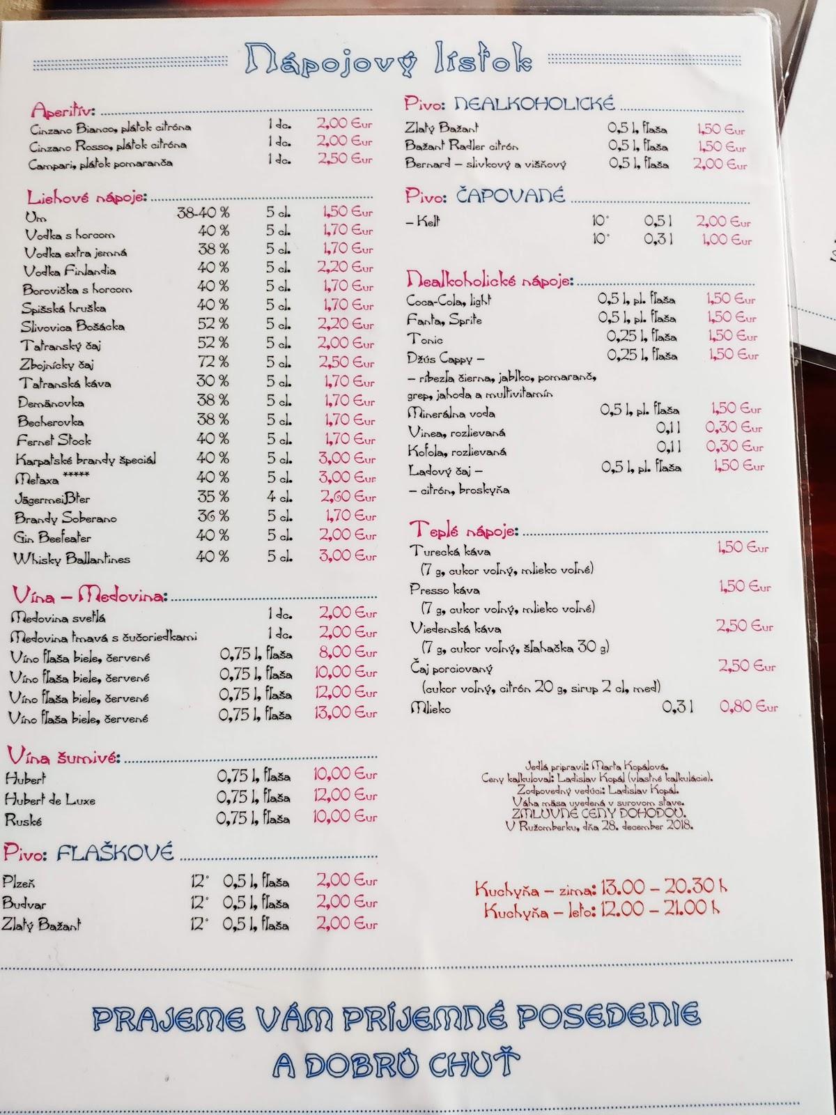 Menu at Chata Pod Brdom restaurant, Ružomberok