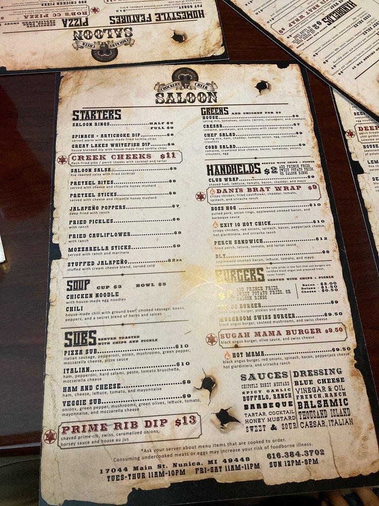 Menu at Crockery Creek Saloon pub & bar, Nunica