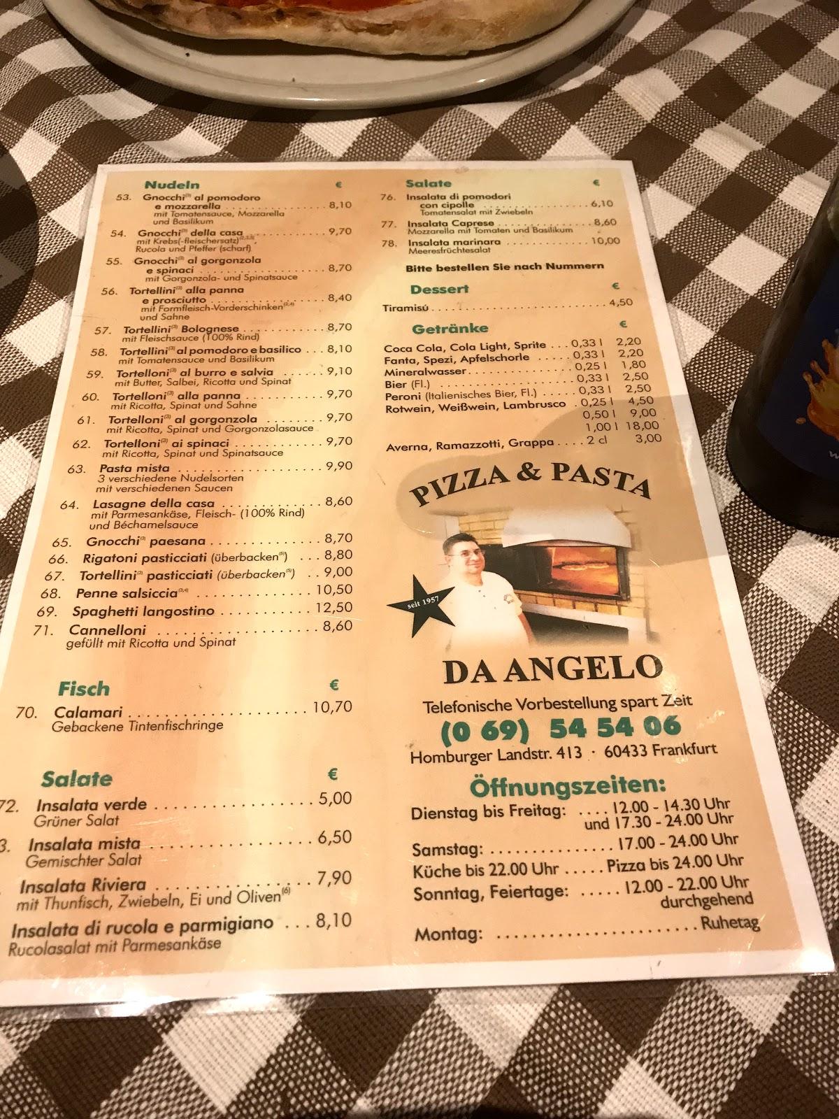 Speisekarte von Da Angelo Pizza & Pasta, Frankfurt am Main, Homburger ...