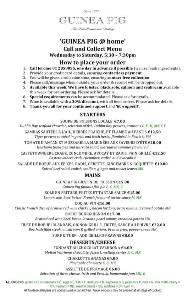 Menu at Guinea Pig Restaurant, Dublin
