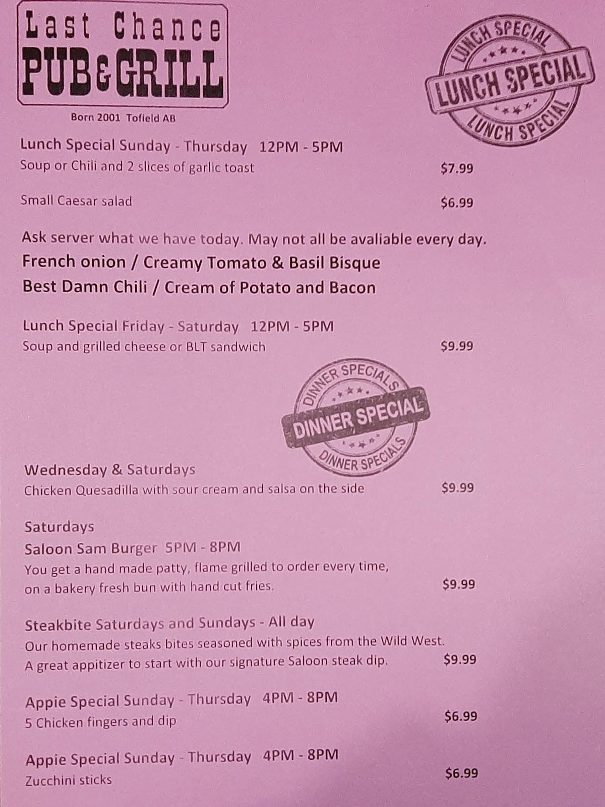 Menu at Last Chance Pub and Grill, Tofield