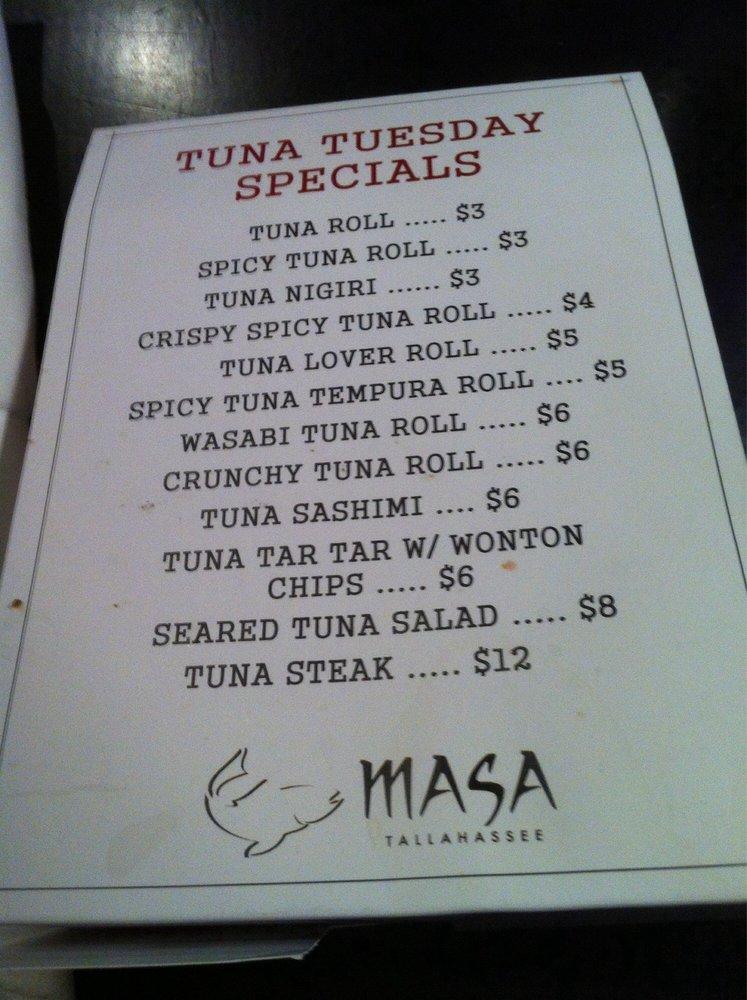 Menu at Masa restaurant, Tallahassee, 1650 N Monroe St