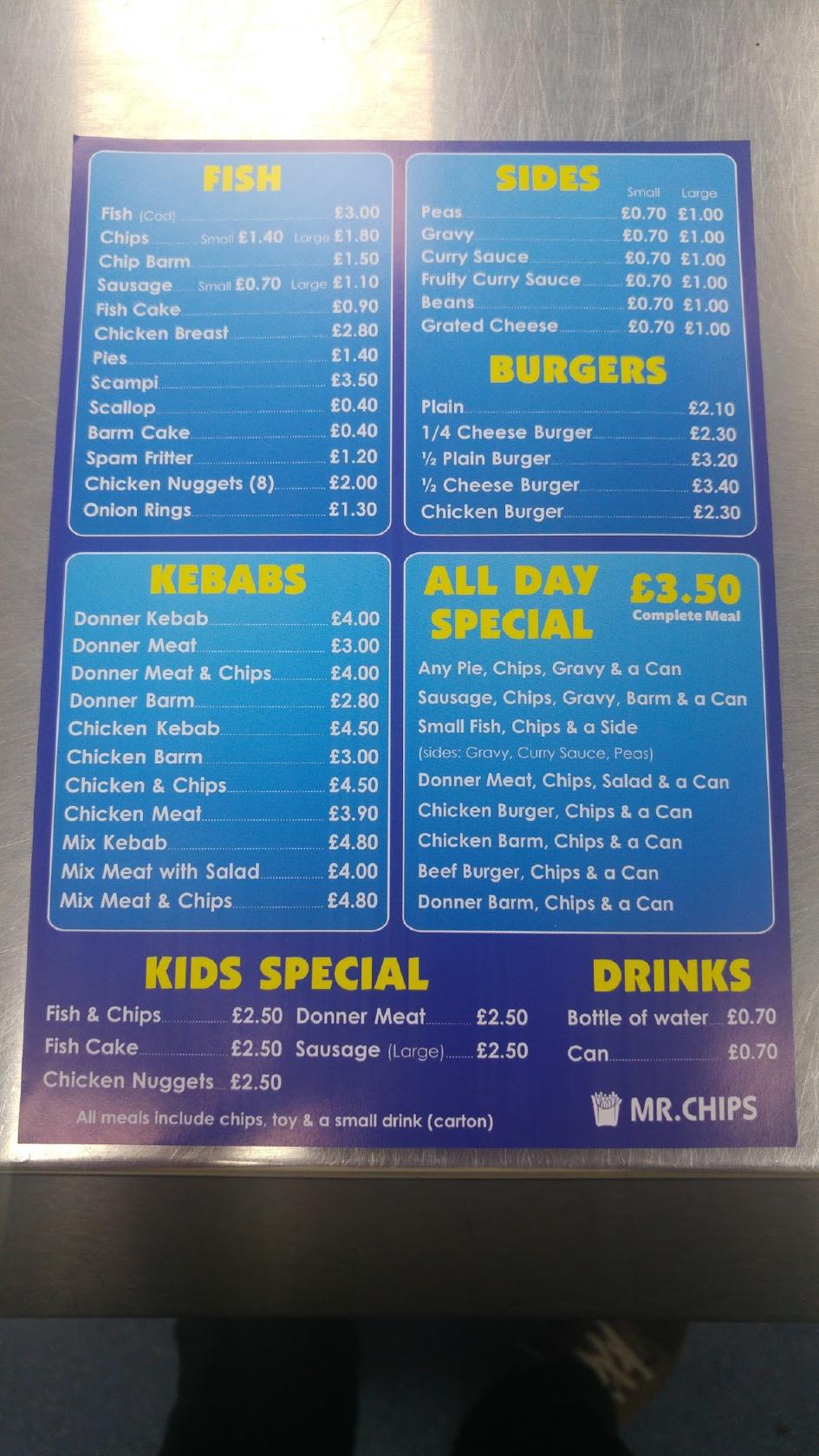 Menu at Mr Chips fast food, Stockport, 109 Reddish Rd