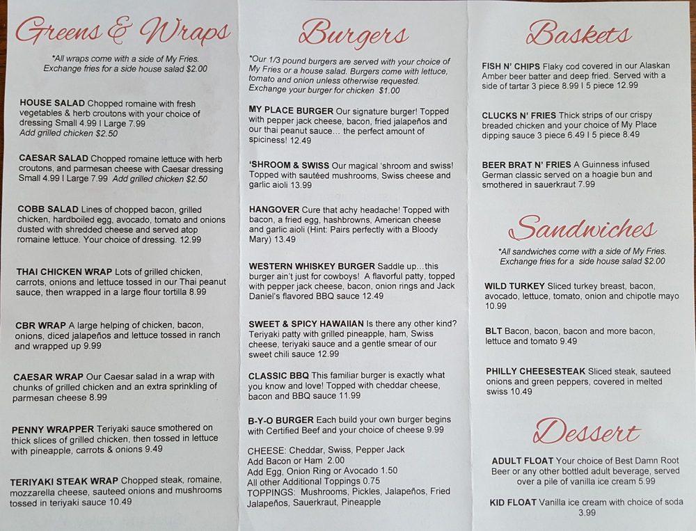 Carta de My Place Bar and Grill, Spokane Valley