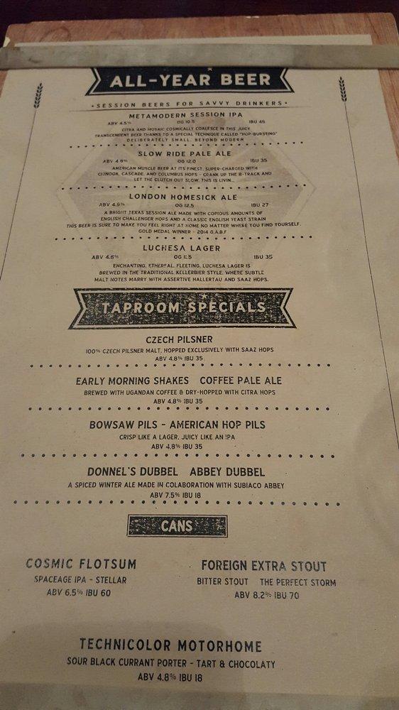 Carta del pub y bar Oasis Texas Brewing Company, Austin, Comanche Trl Fl 3