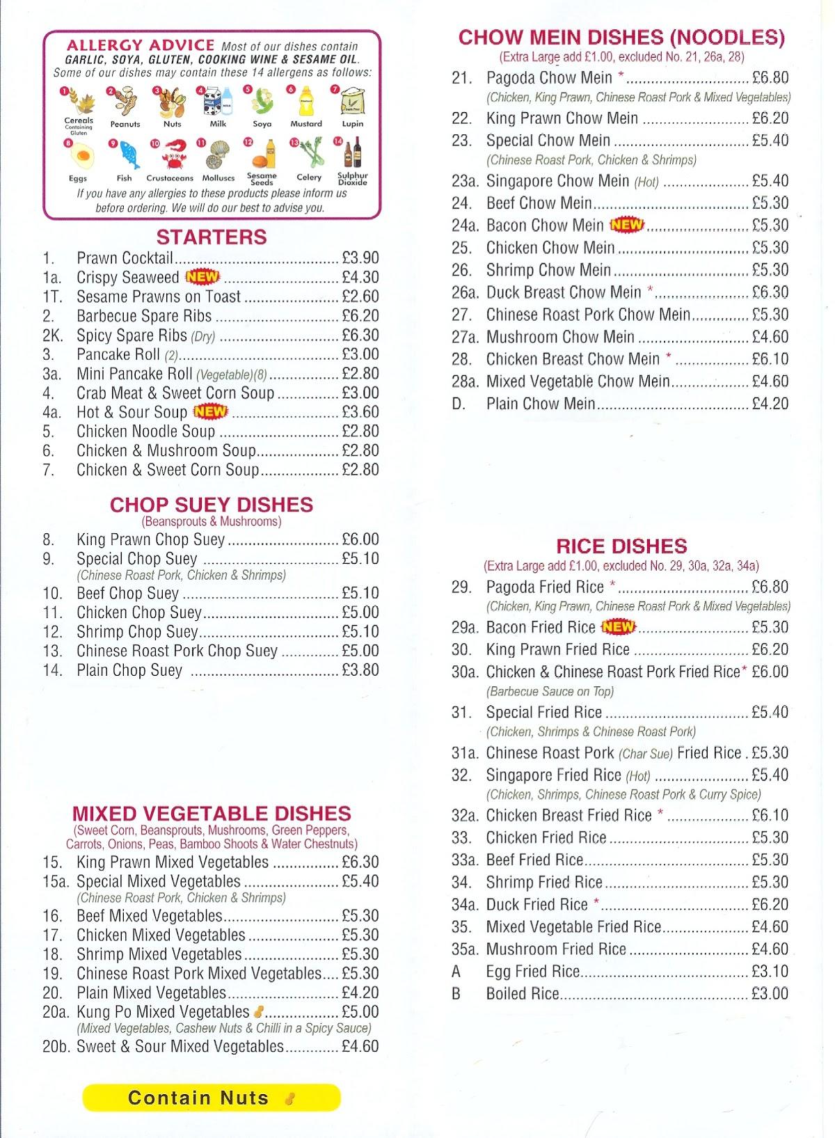 Menu at Pagoda fast food, Beccles