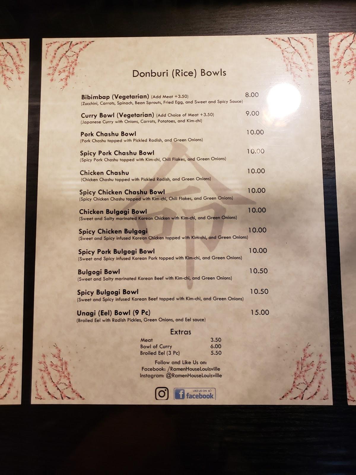 Menu at Ramen House restaurant, Louisville