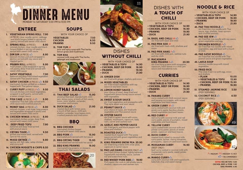 Menu at Sawatdee Thai Restaurant, Batemans Bay