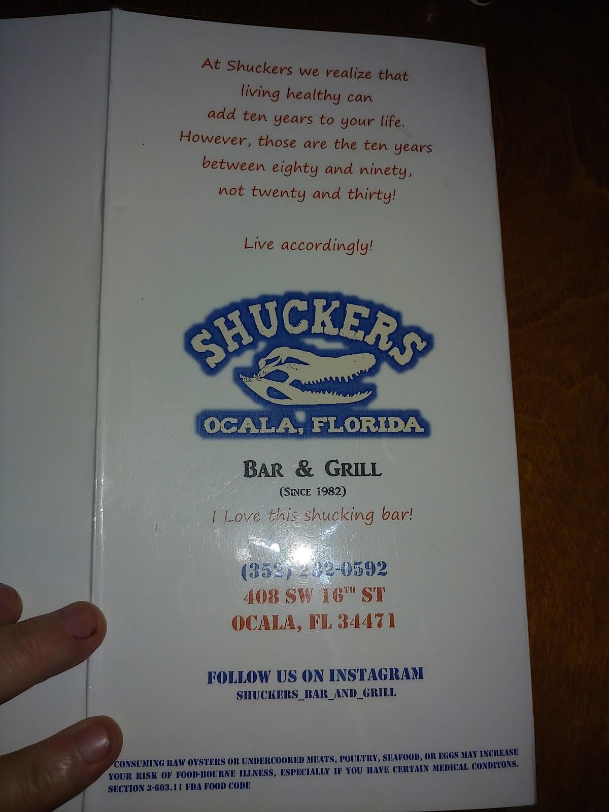 Menu at Shucker's pub & bar, Ocala