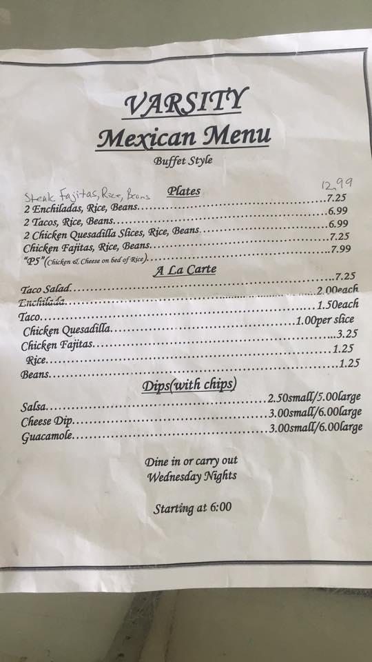 Menu at Varsity Restaurant, Belzoni