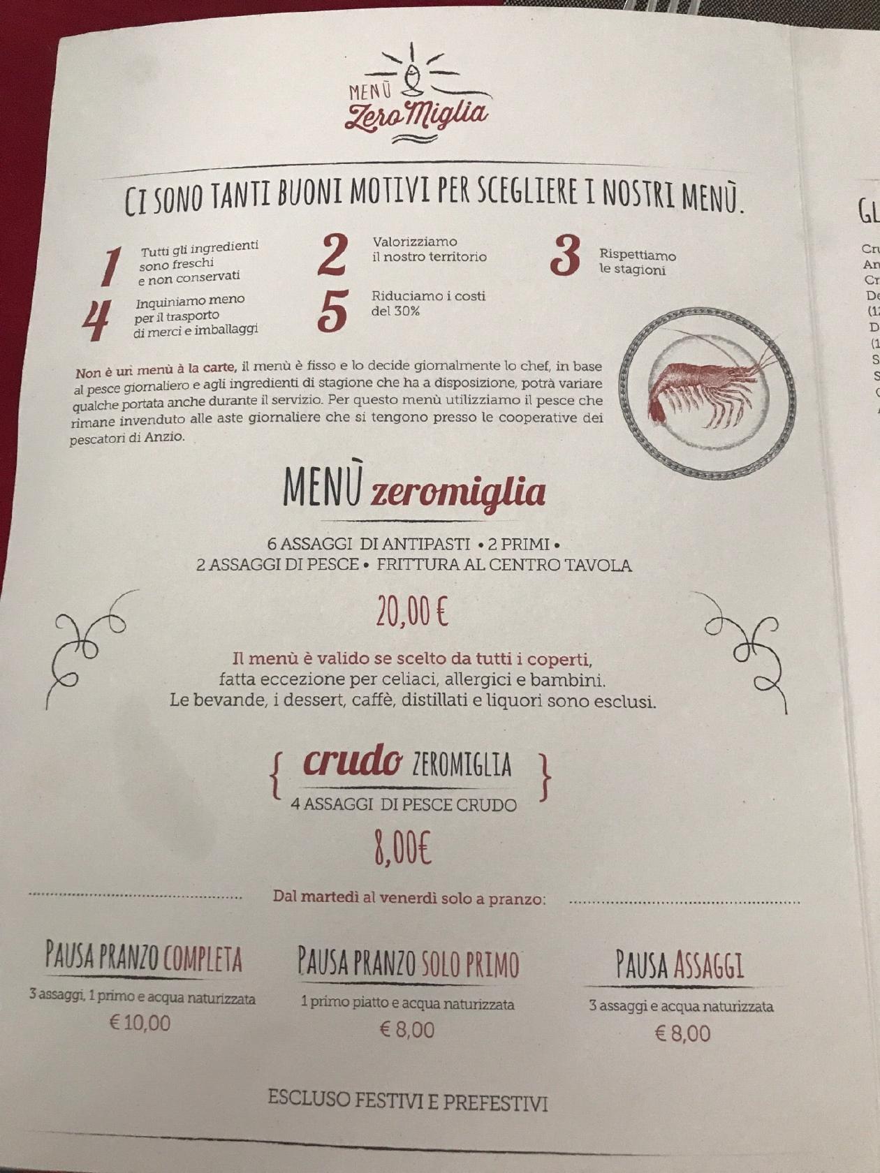 Menu at Zero Miglia restaurant, Nettuno
