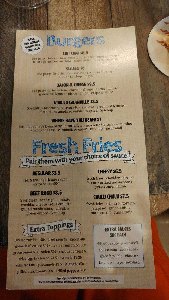 Menu at Chit Chat Burger Bar, Vancouver
