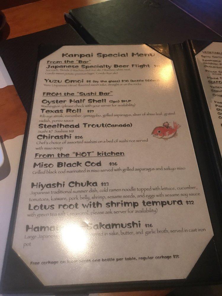 Menu at Kanpai Sushi restaurant, Pismo Beach