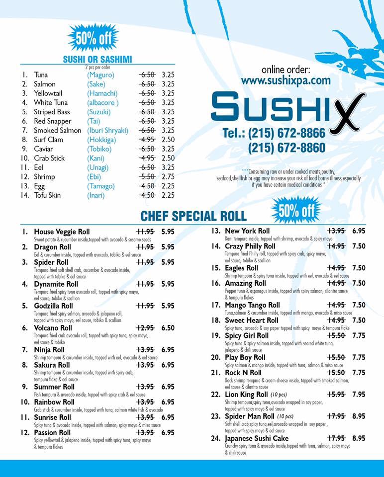 Menu at SUSHI X restaurant, Warminster
