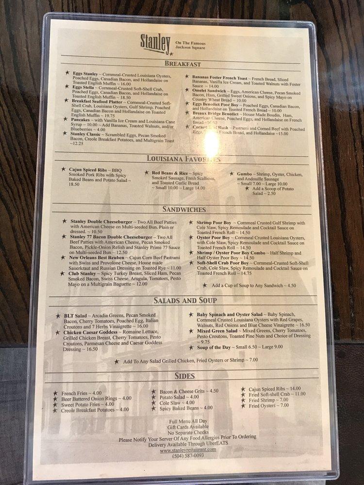 Menu at Stanley of New Orleans restaurant, New Orleans