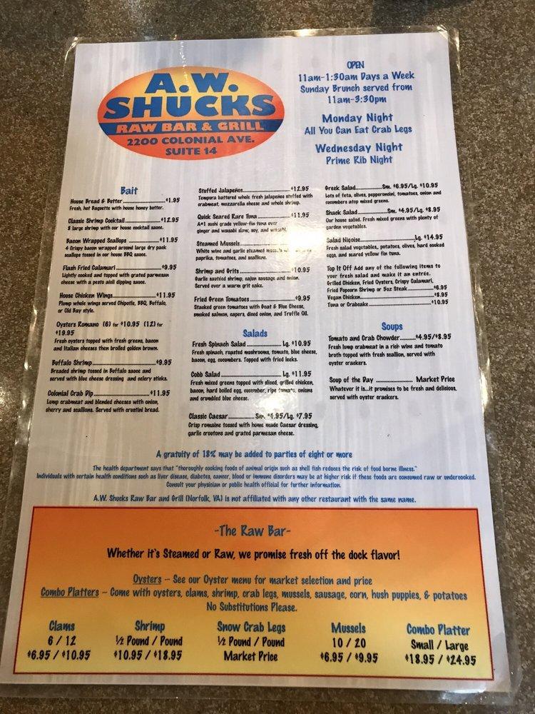 Menu at A W Shucks Raw Bar & Grill, Norfolk
