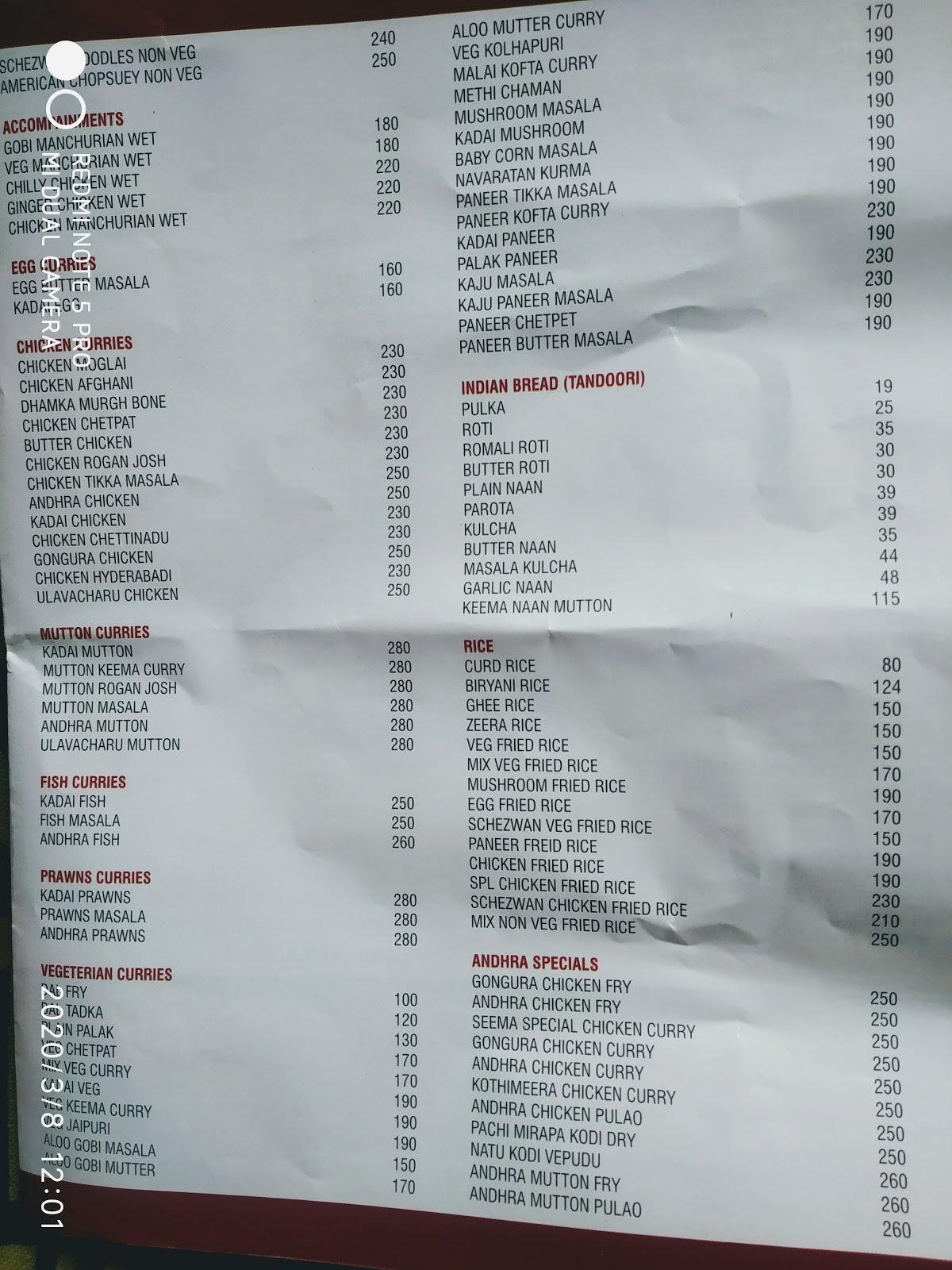 Menu at Bahar Cafe, Kadapa
