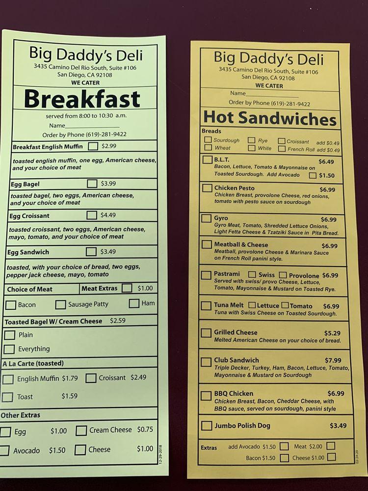Menu at Big Daddy's Deli restaurant, San Diego