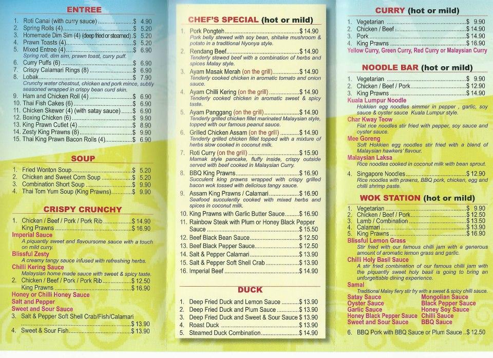Menu at Blissful Garden Malaysian Restaurant, Narellan