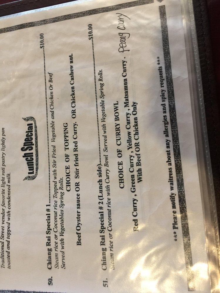 Menu at Chiang Rai Thai Cuisine restaurant, Cochrane