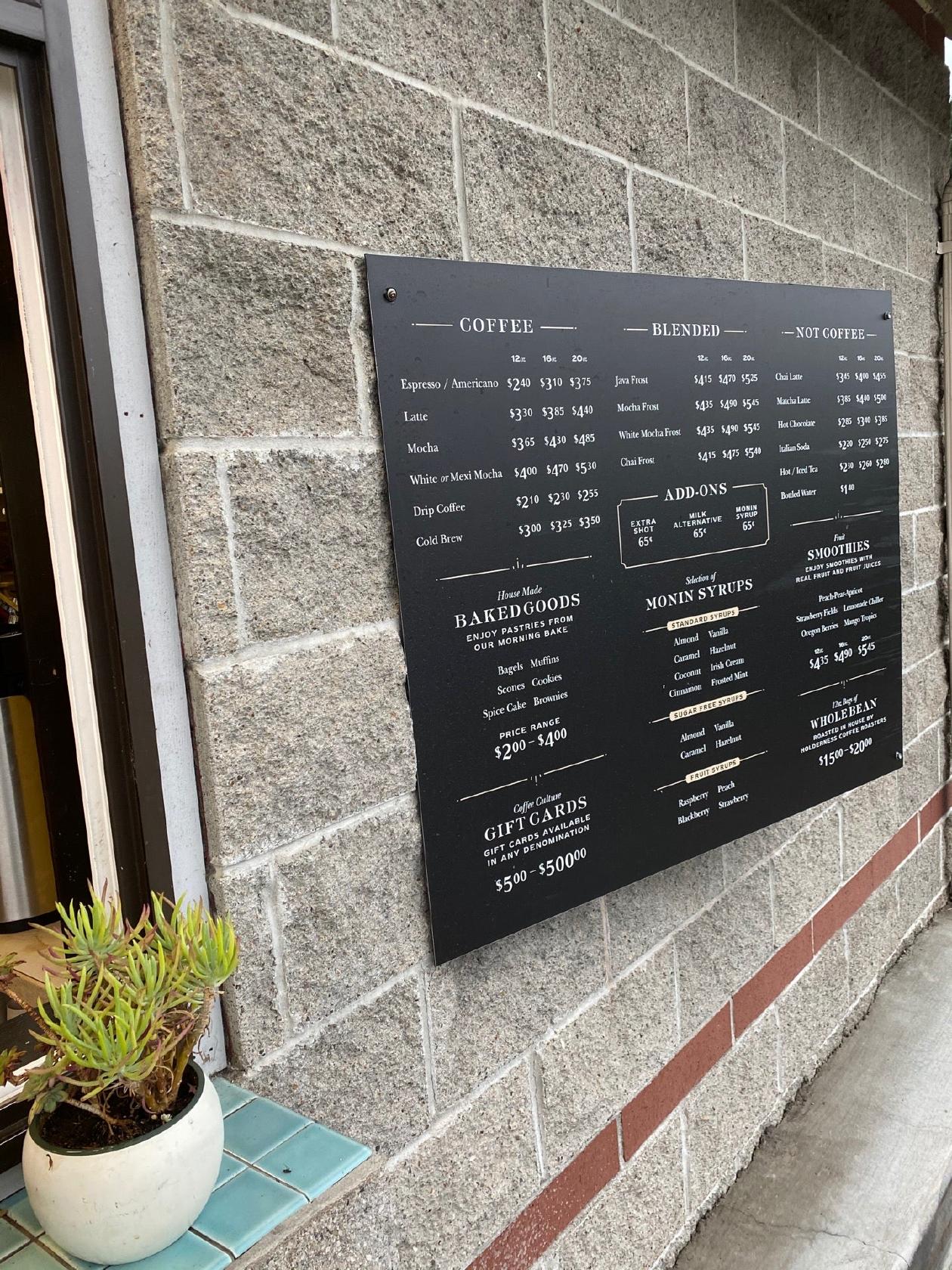 Menu at Coffee Culture, Corvallis