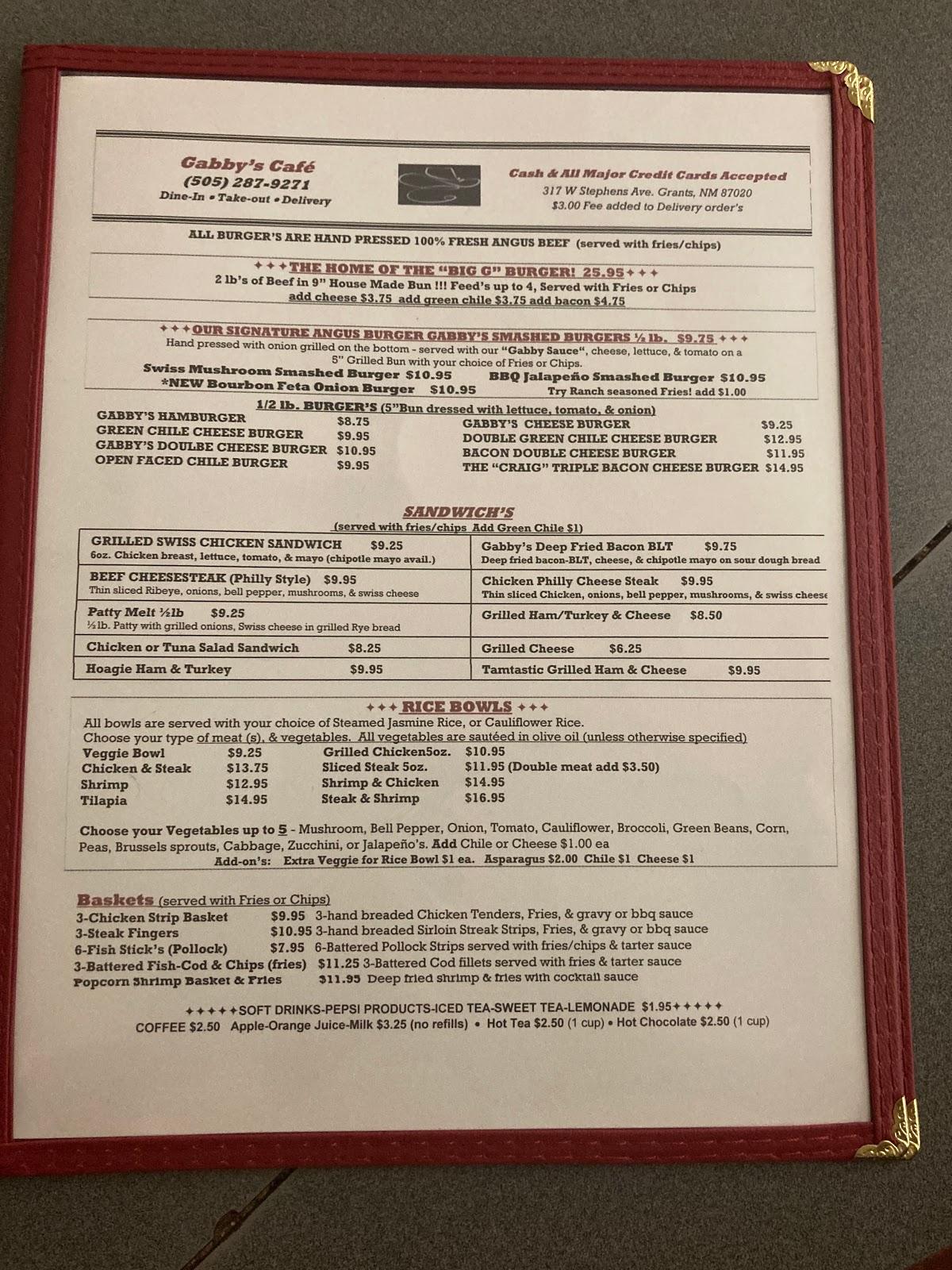 Menu at Gabby’s Brunched (formally Gabby's Cafe), Grants