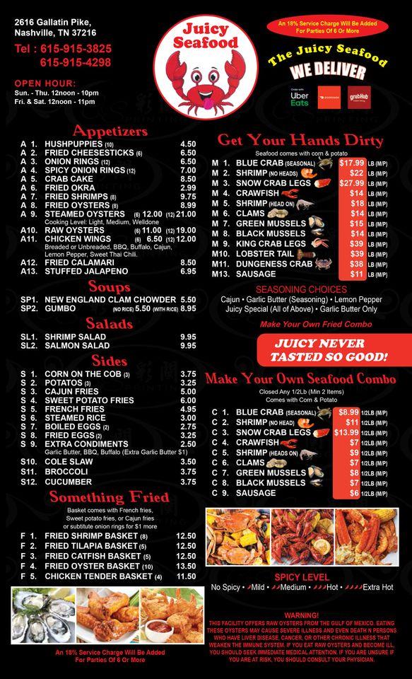Menu at Juicy Seafood restaurant, Nashville, Gallatin Pike