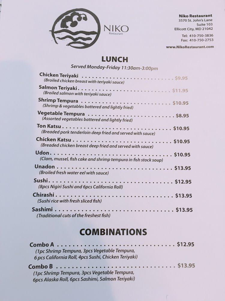Menu at Niko Japanese Restaurant, Ellicott City, St Johns Ln Suite 103