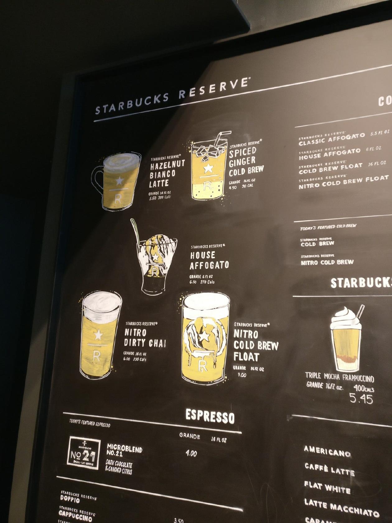 Menu at Starbucks Reserve cafe, Toronto, Don Mills Rd
