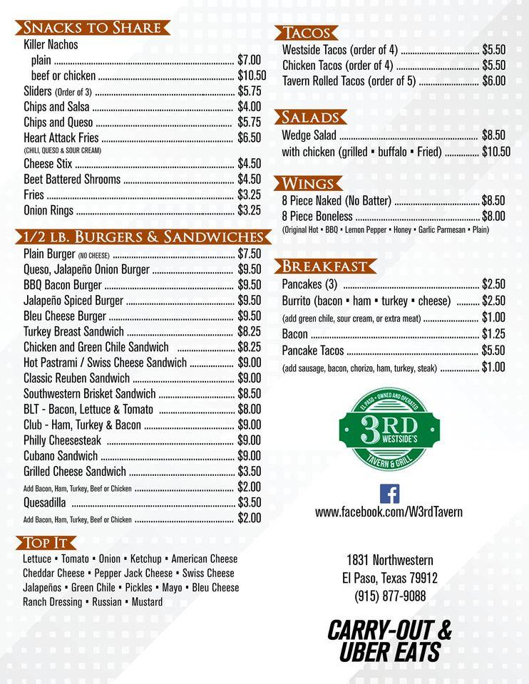 Menu at Westside's 3rd Tavern & Grill pub & bar, El Paso