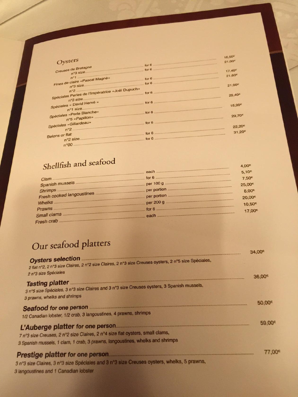 Menu au L'Auberge Dab restaurant, Paris, 161 Avenue de Malakoff