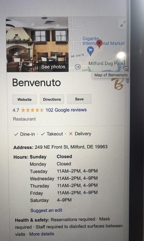 Menu at Benvenuto restaurant, Milford