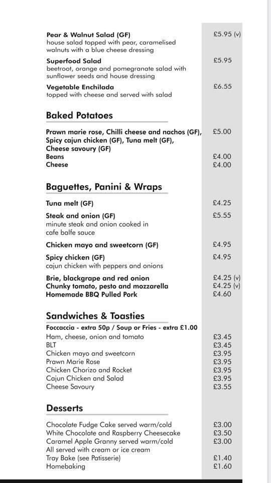 Menu at Cafe Balfe, Greenock