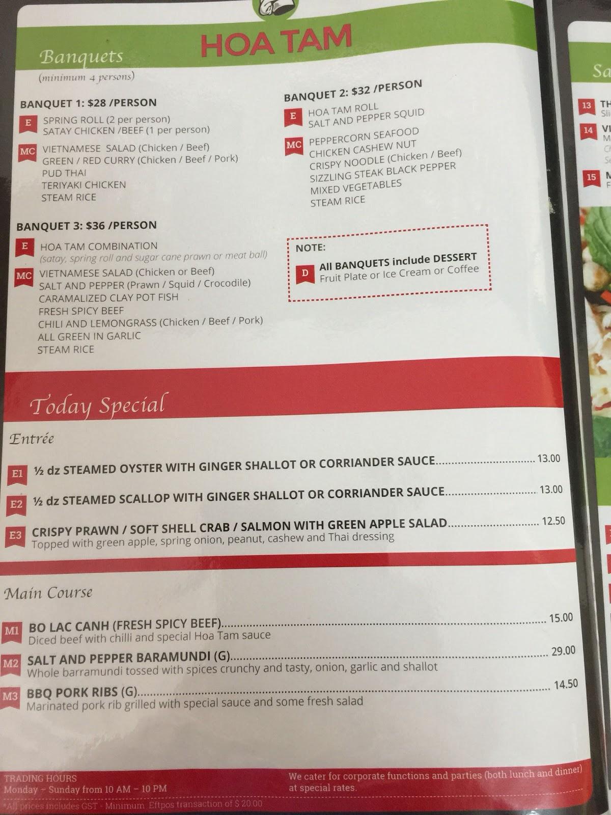 Menu at Hoa Tam restaurant, Gilles Plains