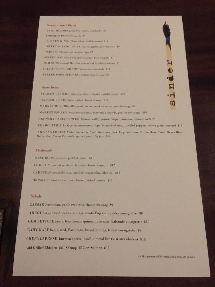 Menu at Sinder Lounge restaurant, Marina del Rey