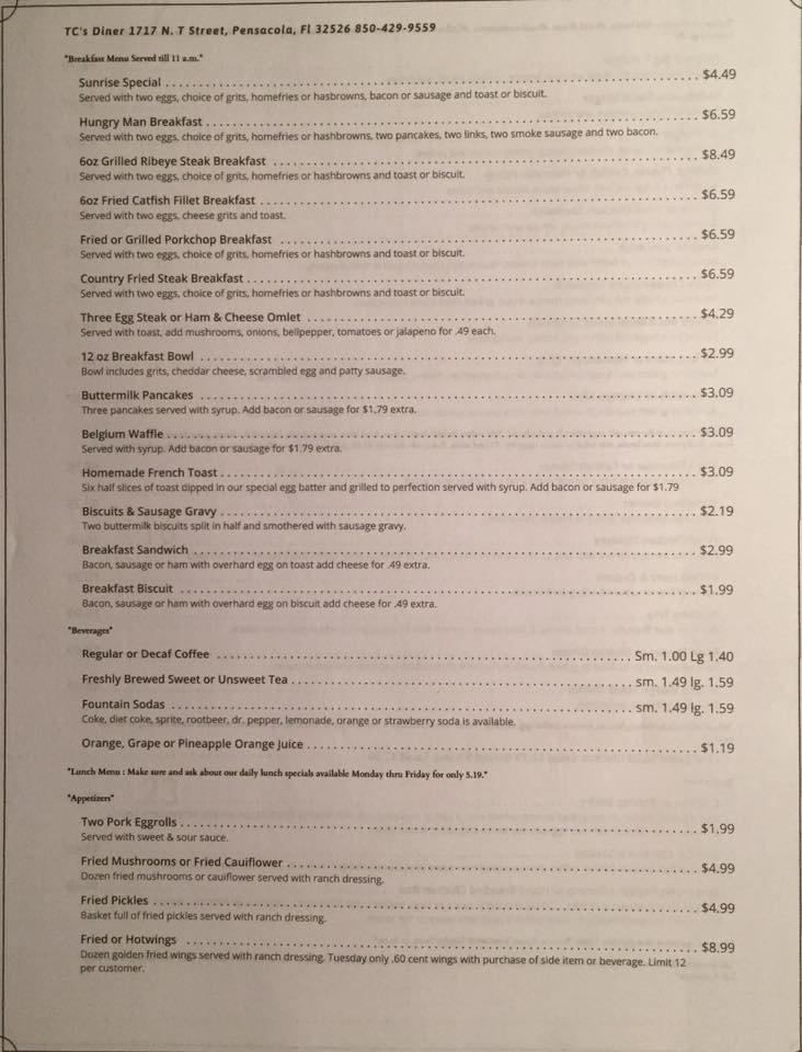 Menu at TC'S DINER restaurant, Pensacola