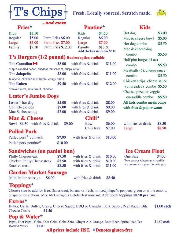 Menu at T's Chips, Smiths Falls