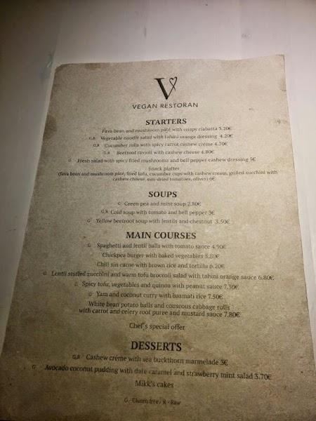 Menu at Vegan Restoran V restaurant, Tallinn
