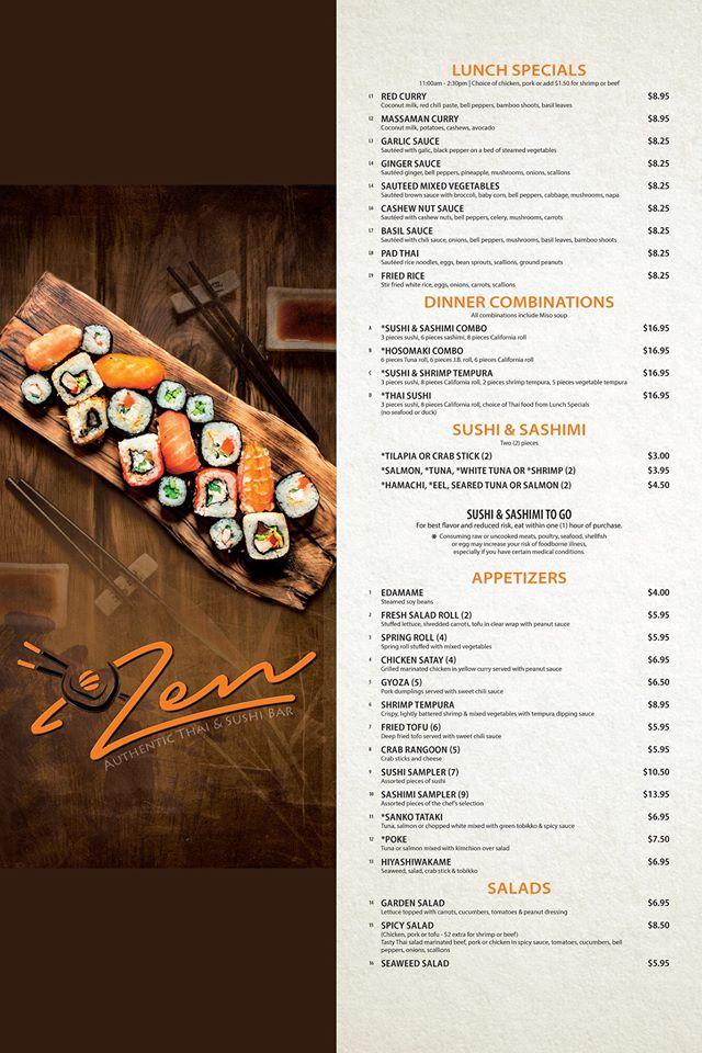 Menu at Zen Thai & Sushi restaurant, Coos Bay