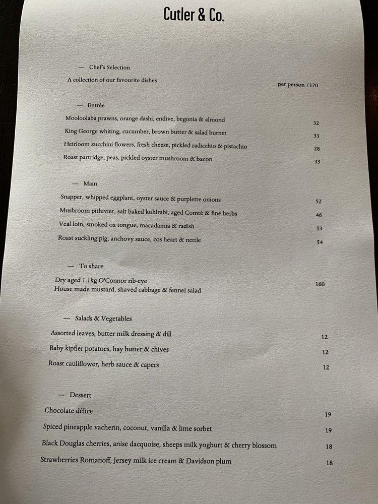 Menu at Cutler & Co. restaurant, Fitzroy