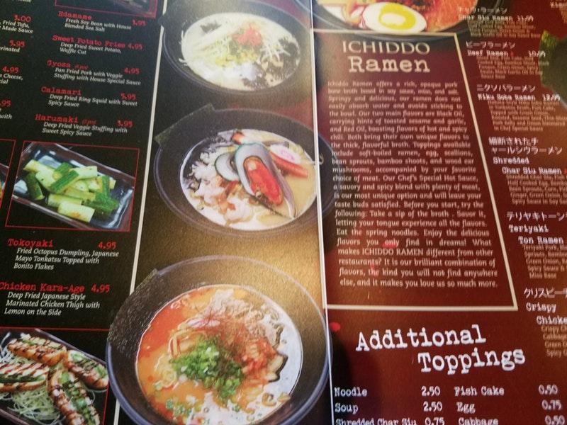 Menu at Ichiddo ramen restaurant, Henderson