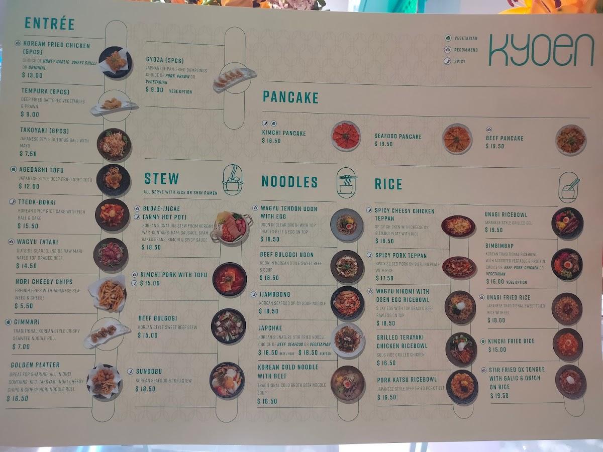 Menu at Kyoen restaurant, Keysborough