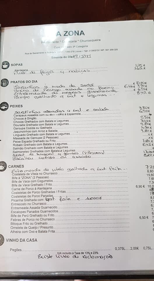 Menu at A Zona restaurant, Lisbon