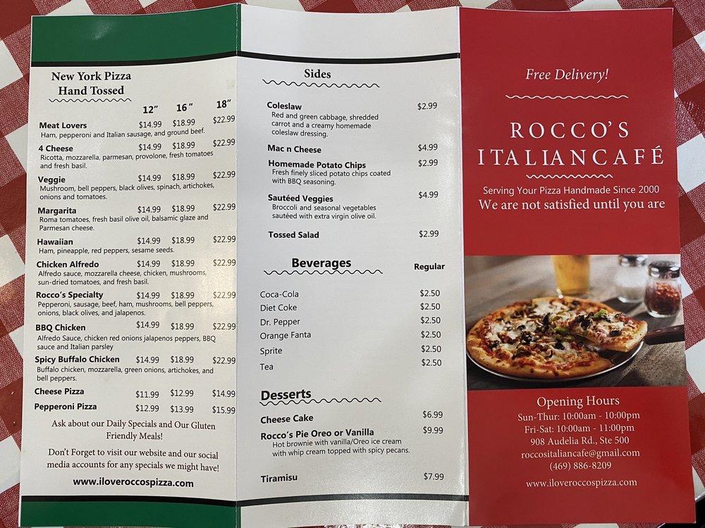 Menu at Rocco’s Italian Café pizzeria, Richardson