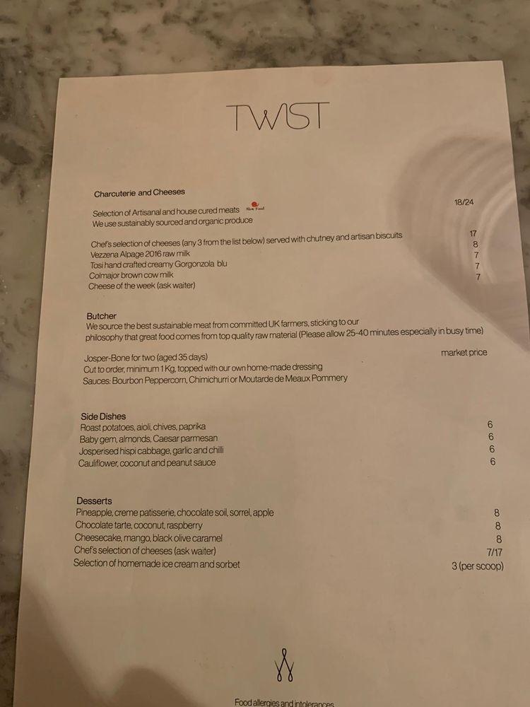 Menu at Twist Connubio pub & bar, London